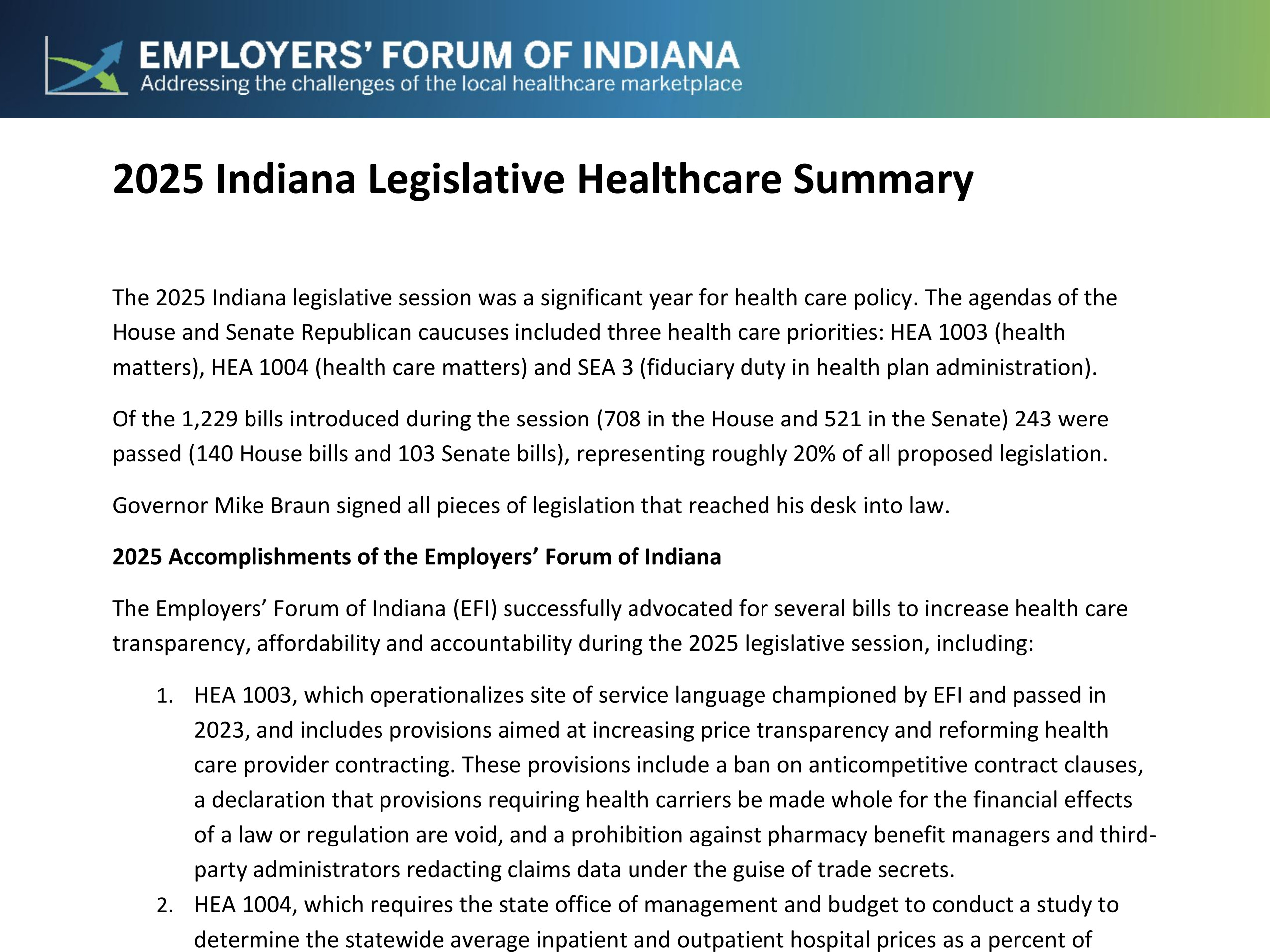 2025 Indiana Health Legislative Summary