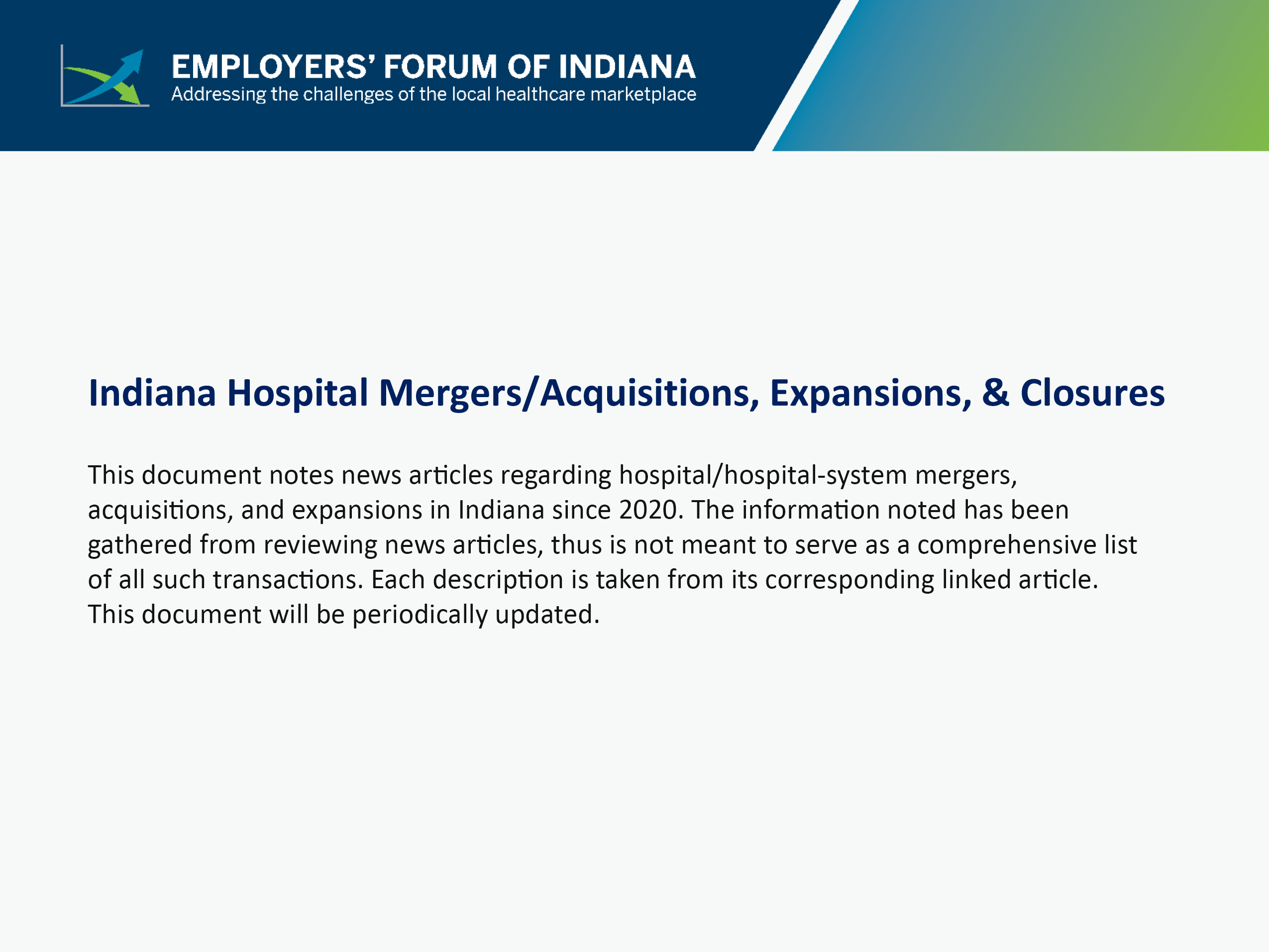 Indiana Hospital Mergers, Acquisitions, and Expansions